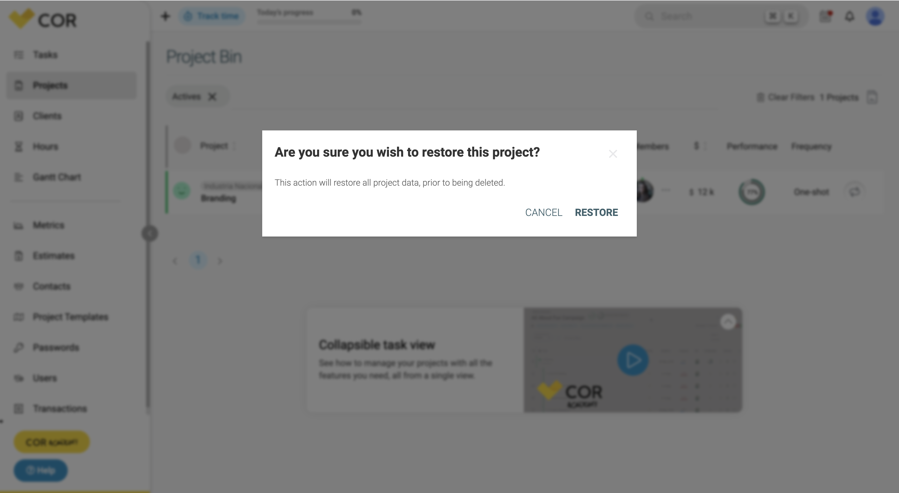 Restoring projects in COR – COR Help Center