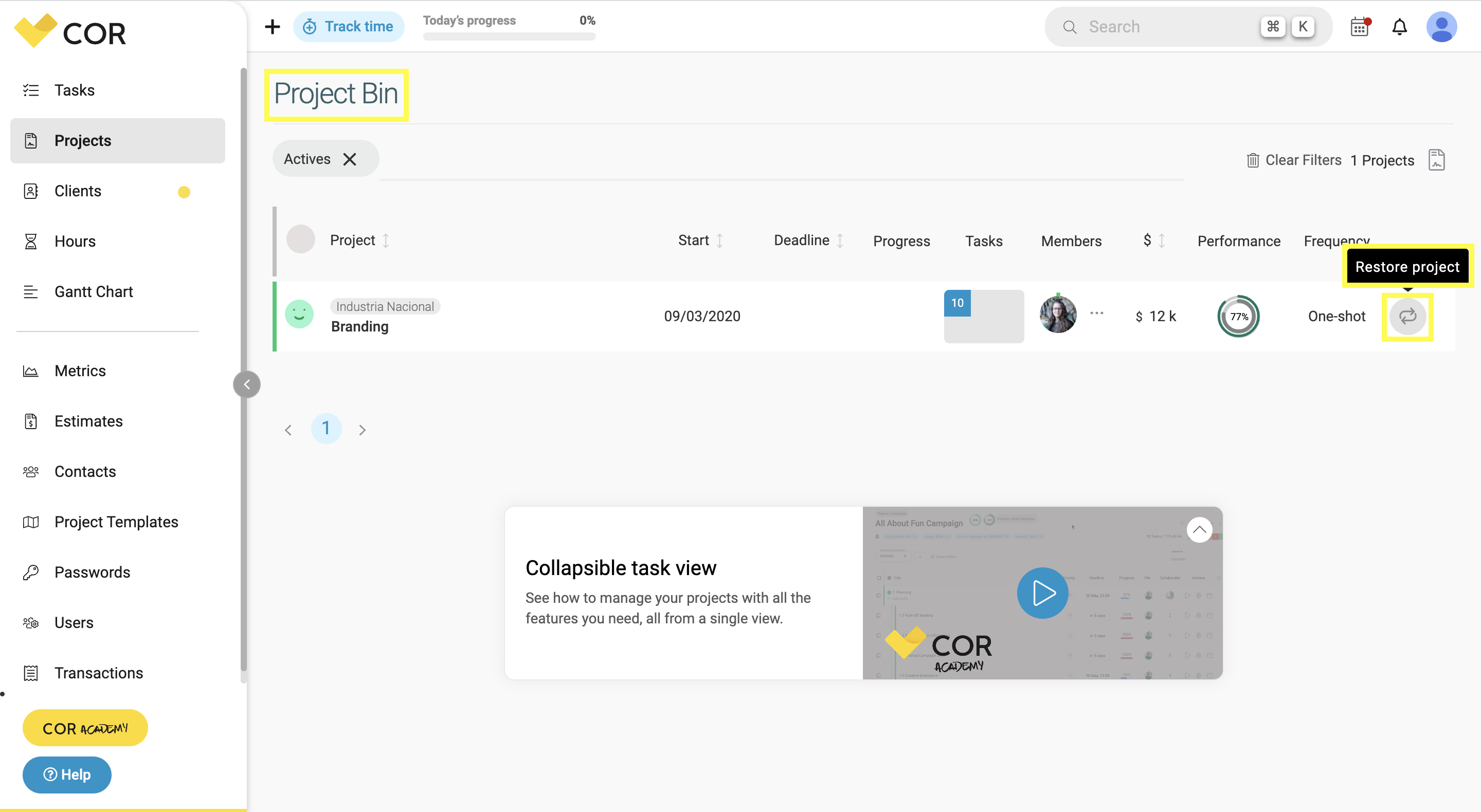 Restoring projects in COR – COR Help Center