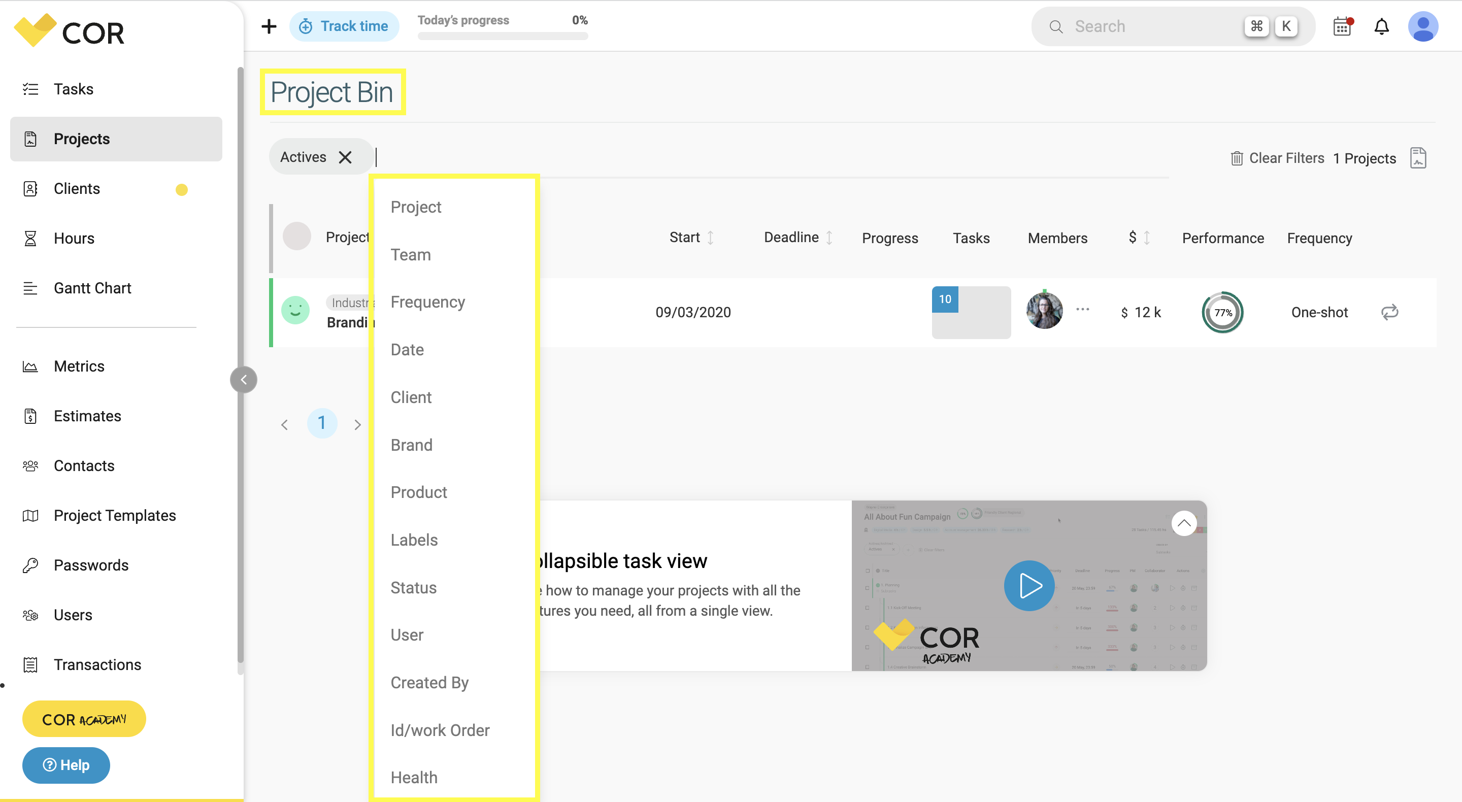 Restoring projects in COR – COR Help Center